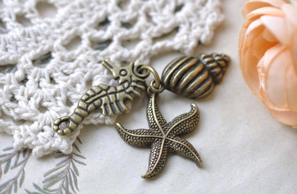 10 Sets Antique Bronze Starfish Seahorse Conch Kit Pendants A8021 ...